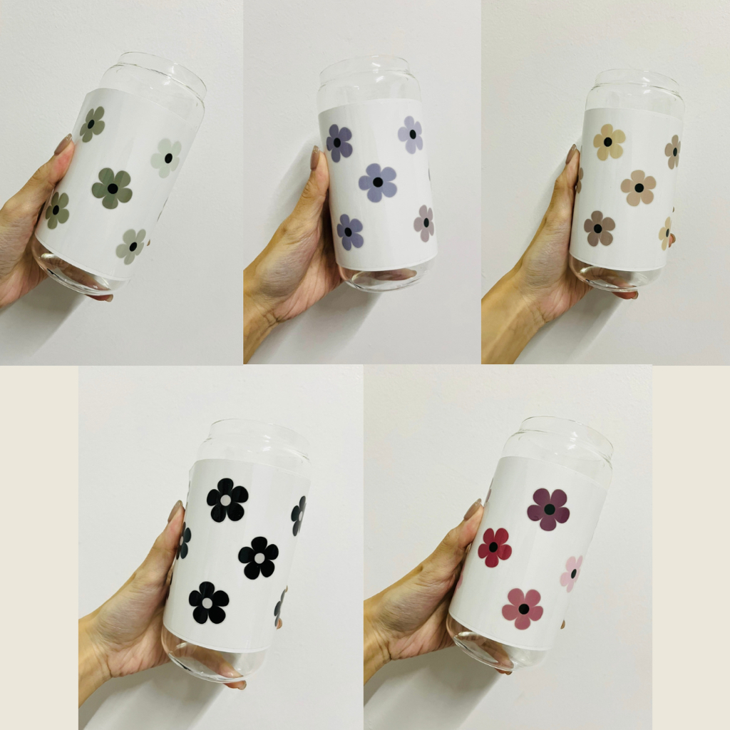 現貨｜480ml｜UV DTF｜莫蘭迪色系花朵款式｜透明玻璃杯｜咖啡杯｜飲料杯｜鋁罐造型｜擺件｜背景 | 蝦皮購物
