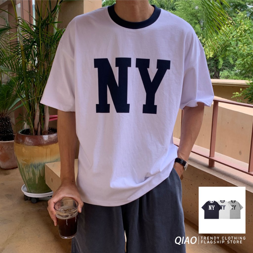【QIAO】顯目 NY 大LOGO 落肩 五分袖 細絨棉 寬鬆 T恤 短袖 短T 男裝 男生衣服 蓋屁股上衣 情侶衣 | 蝦皮購物