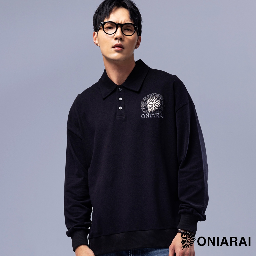 BLUE WAY 鬼洗 ONIARAI - 男款 潮流街頭鬼頭LOGO落肩長袖POLO衫(黑) | 蝦皮購物