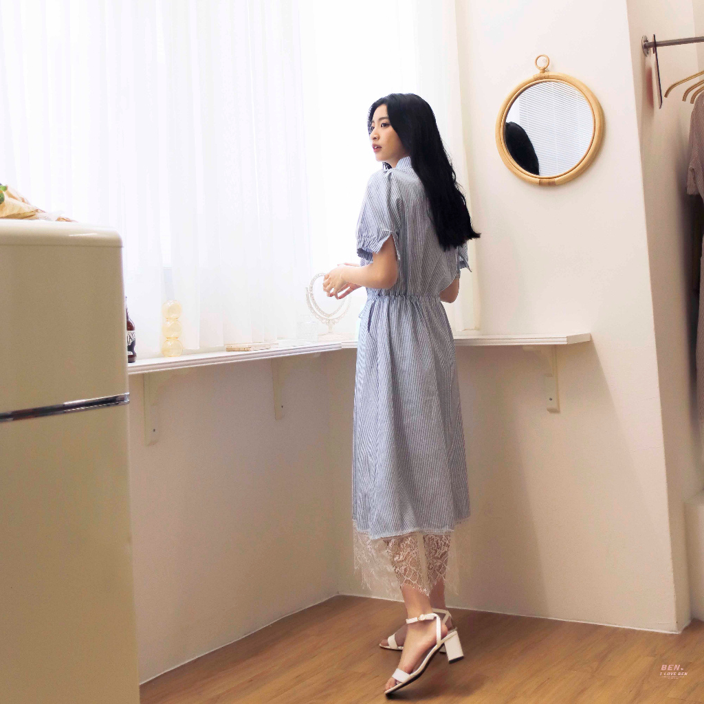 文藝 直條紋抽繩 翻領蕾絲洋裝 長洋裝 BENBEN《EL- 3352》現貨 | 蝦皮購物