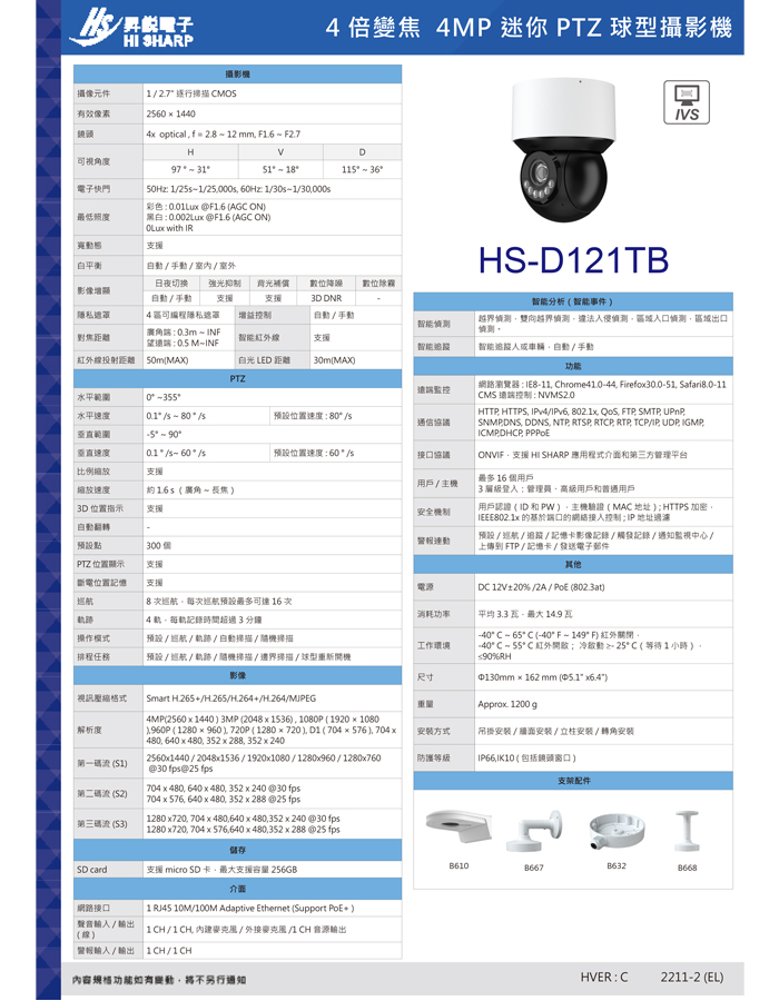 【IP 網路型】【4M】PTZ網路型攝影機 WDR支援Onvif協定 POE供電 昇銳電子HS-D121TB | 蝦皮購物