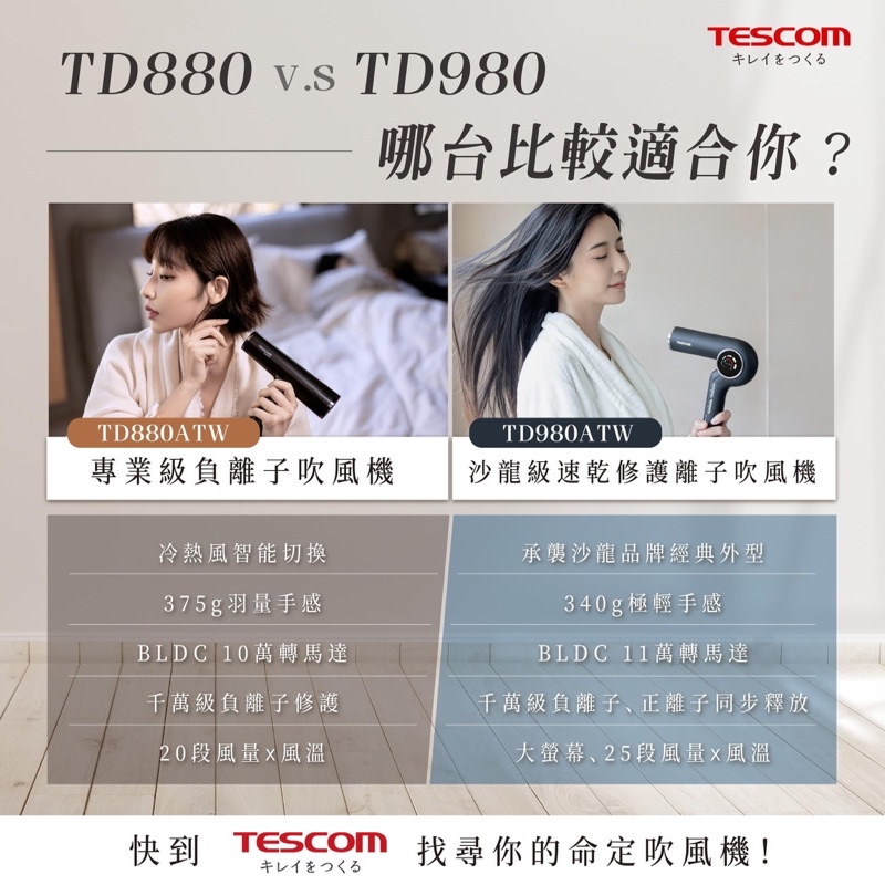 【TESCOM】TD880 TD880ATW 專業級負離子吹風機｜BLDC馬達 超輕量 大風力 速乾｜公司貨 | 蝦皮購物