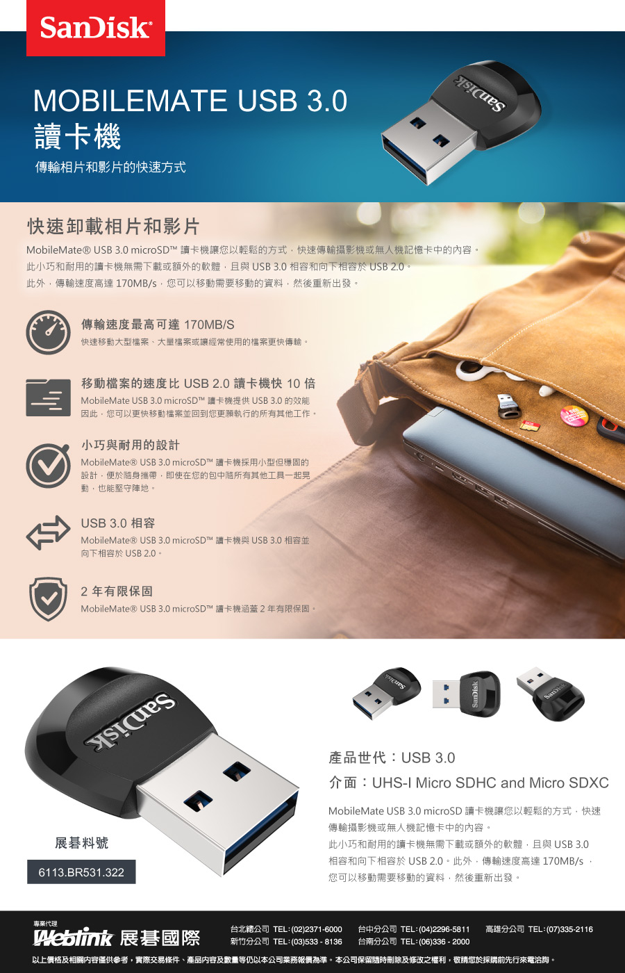 SanDisk B531 MobileMate USB 3.0 microSD 記憶卡讀卡機 小卡讀卡機 TF讀卡機 | 蝦皮購物