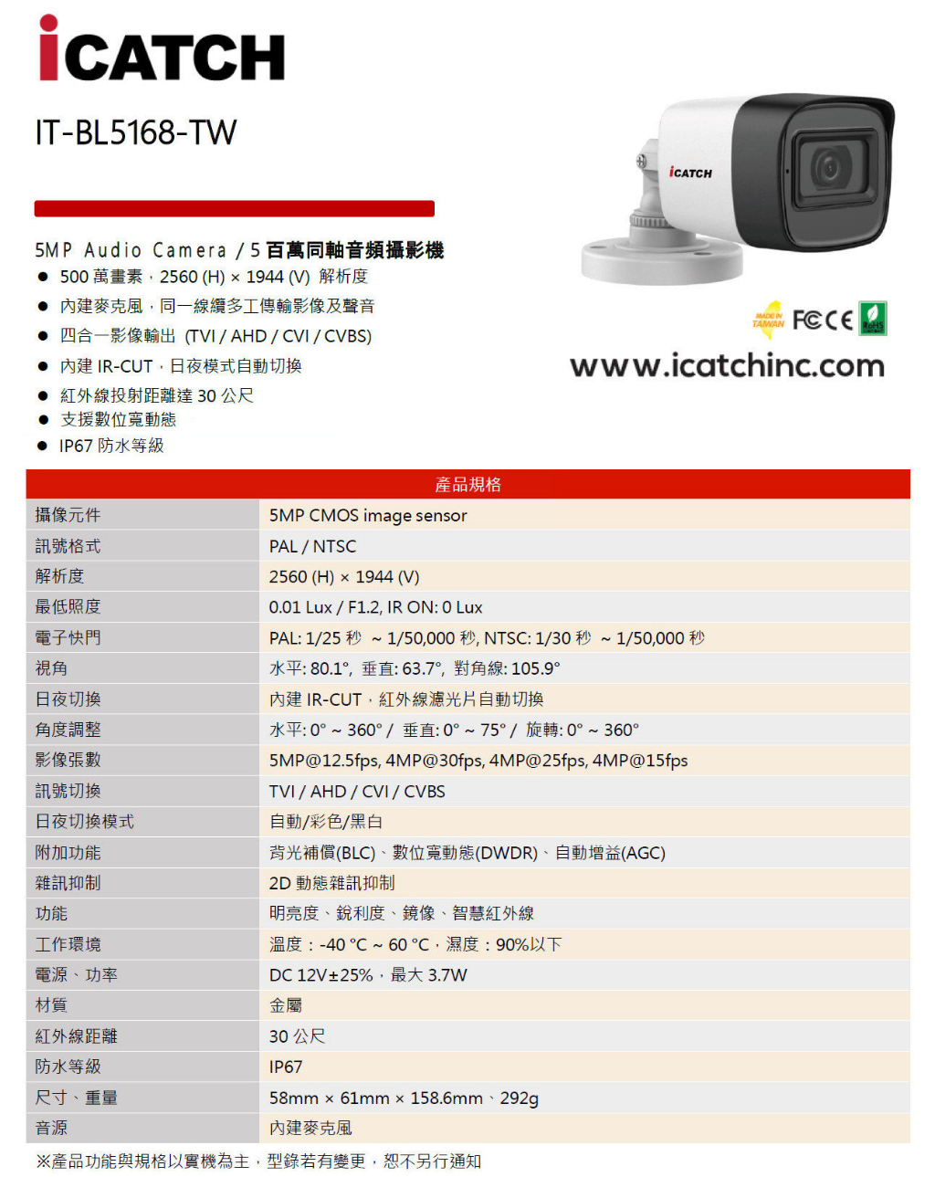 IT-BL5168-TW 可取 ICATCH 5百萬同軸音頻攝影機內建麥克風 保固一年 | 蝦皮購物