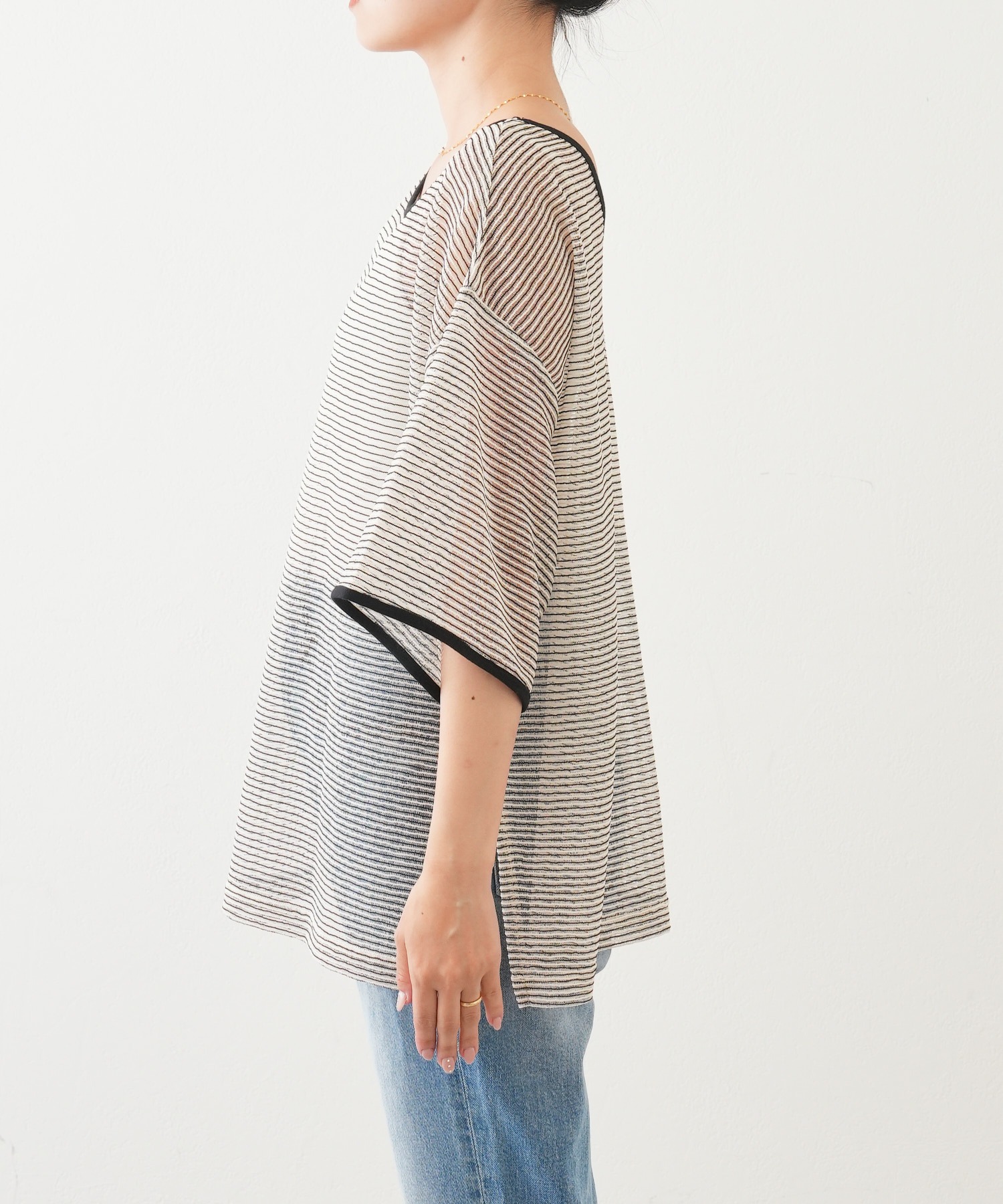 DoReFe | 日本代購 換季折扣 前後兩穿 微透膚 條紋 寬鬆 休閒 七分袖 上衣 T恤 透明 | 蝦皮購物