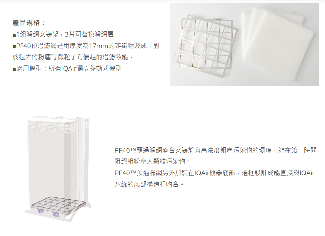 瑞士IQAir PF40 Kit 抗敏加強水洗式濾網（官方旗艦）| 清淨機專用，含安裝套件 | 蝦皮購物