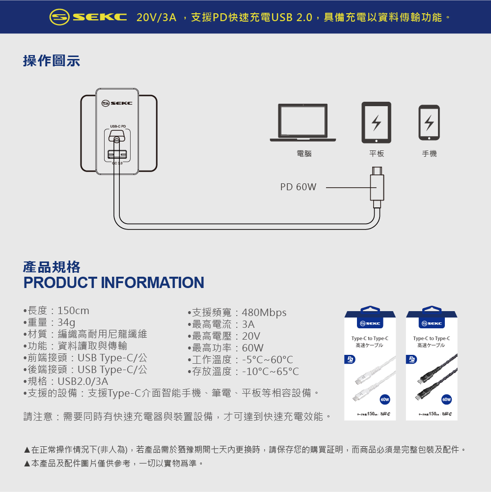 【SEKC】SPD-23A15 Type-C to Type-C PD60W 3A 1.5M 高速傳輸線 | 蝦皮購物