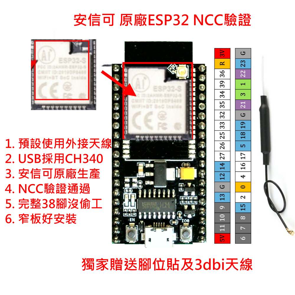 (收據發票可)窄版ESP32雙核心arduino WIFI藍芽ble腳位貼紙 nodemcu-32s 安信可 小霸王 | 蝦皮購物
