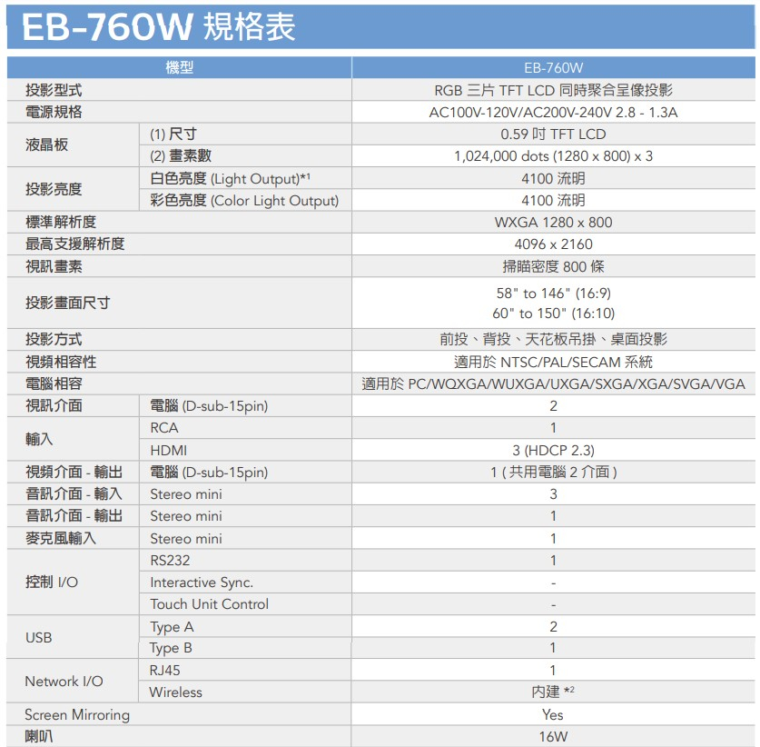 【天竺國音響精品館】EPSON EB-760W 超短焦高亮彩雷射投影機 /台灣公司貨 | 蝦皮購物