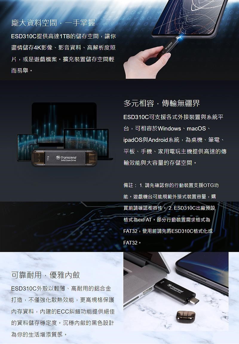 Transcend 創見 ESD310C 1TB USB Type A & C 雙介面 外接SSD行動固態硬碟 SSD | 蝦皮購物