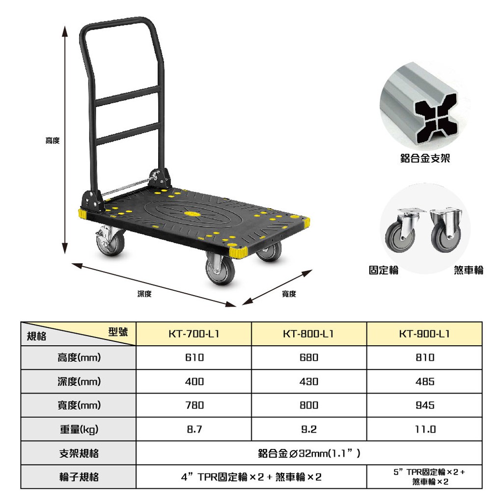 【老張】折疊式手推車 KT-800-L KT-900-L 黑色 黃色 折疊推車 載貨車 送貨車 手推車 運輸車 工具車 | 蝦皮購物