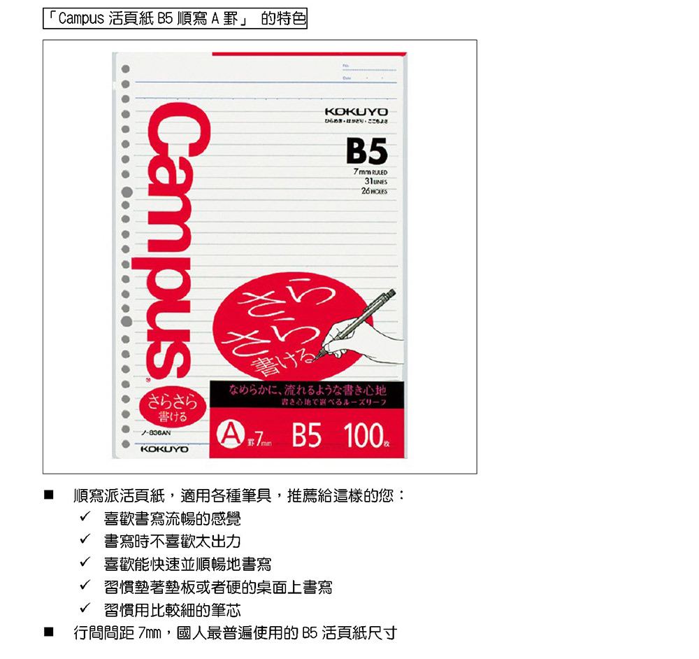 【日本KOKUYO】Campus橫線活頁紙20/26/30孔 A5/B5/A4 7mm 順寫 日本製 | 蝦皮購物