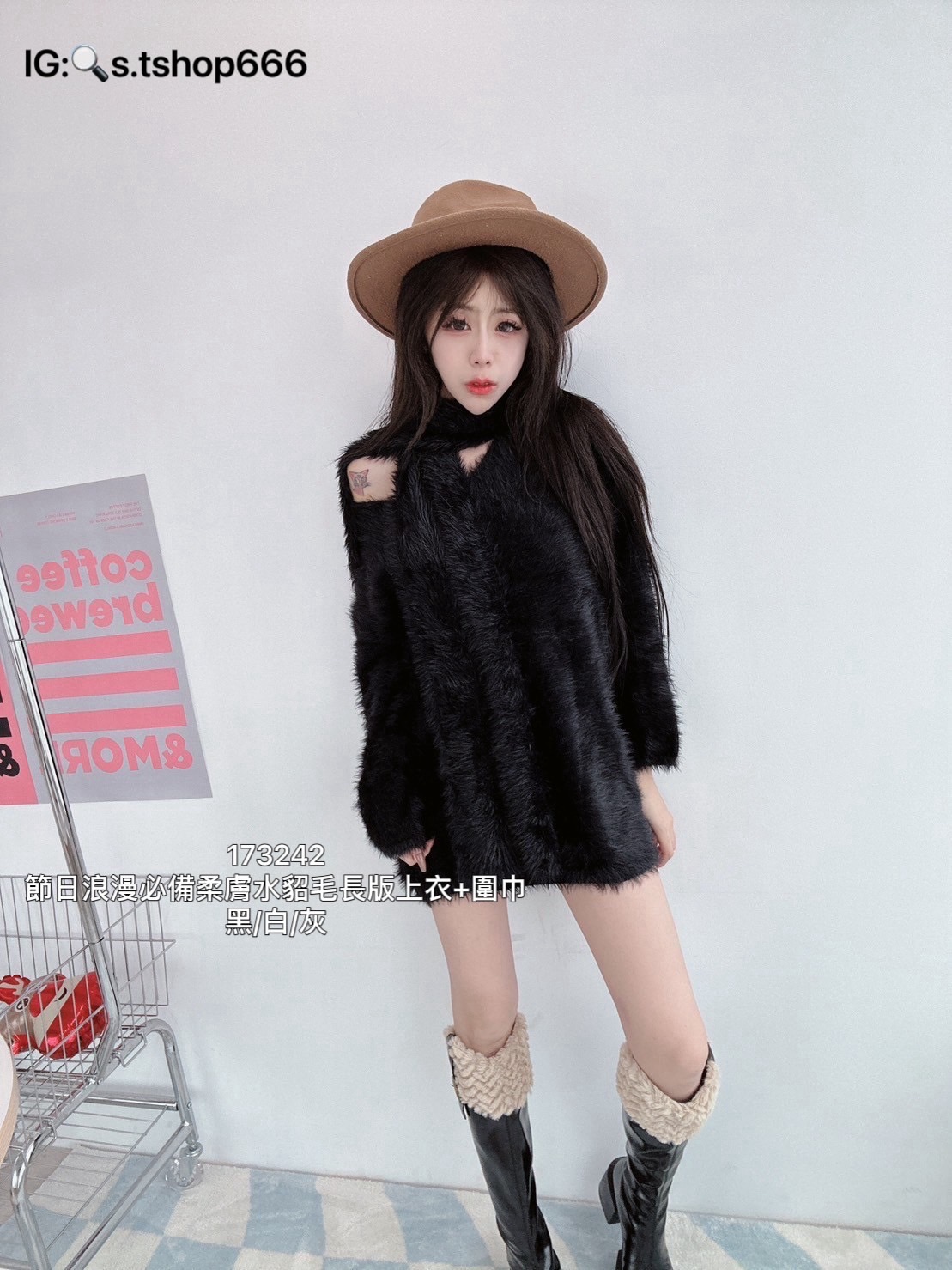 【S.T SHOP現貨秒出】1732節日浪漫必備柔膚水貂毛長版上衣+小標圍巾 連身洋裝 水貂毛洋裝 附圍巾 長版毛衣 | 蝦皮購物