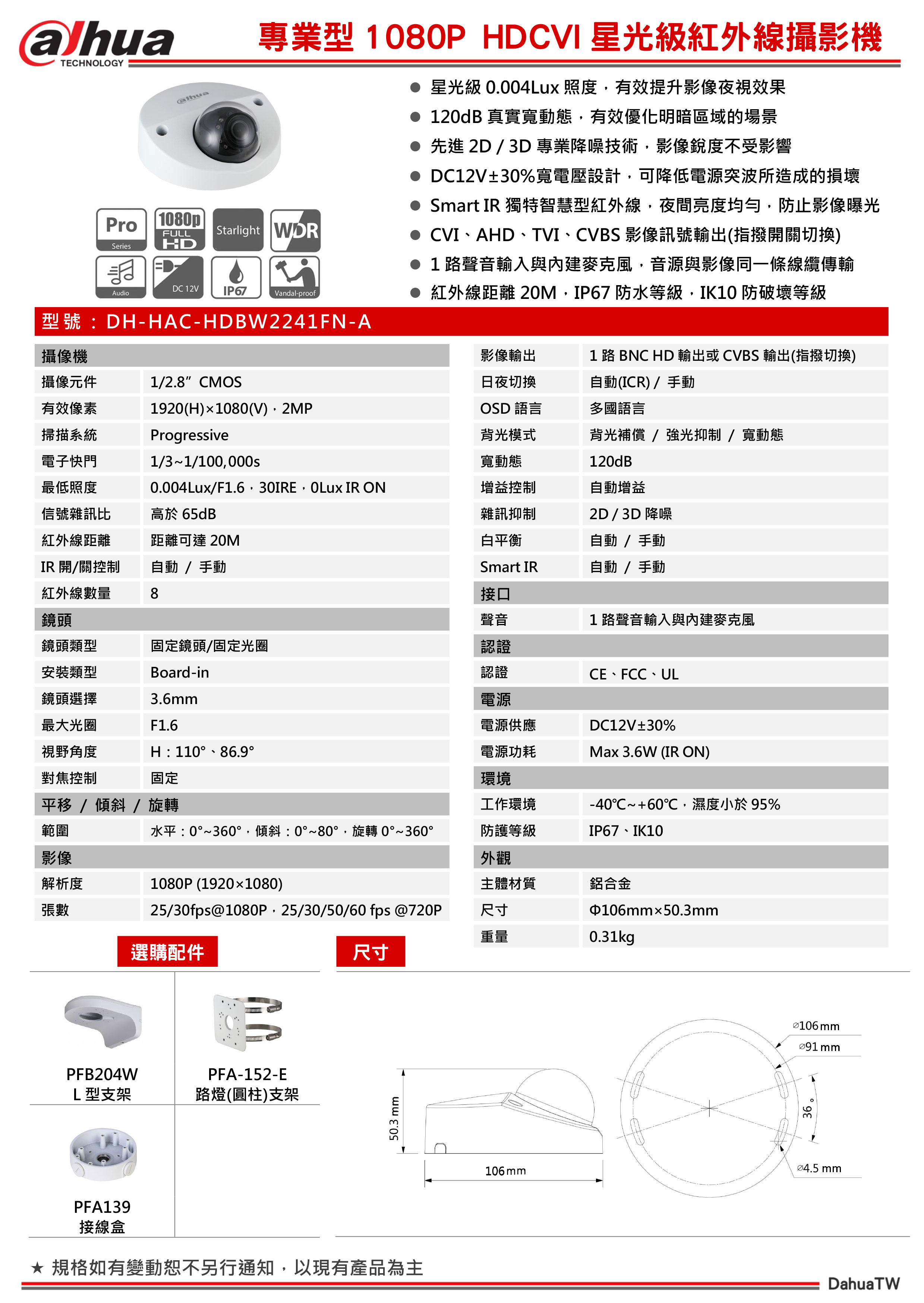 大華DH-HAC-HDBW2241FN-A｜星光200萬聲音半球型攝影機｜Dahua大華監視器｜大華攝影機 | 蝦皮購物