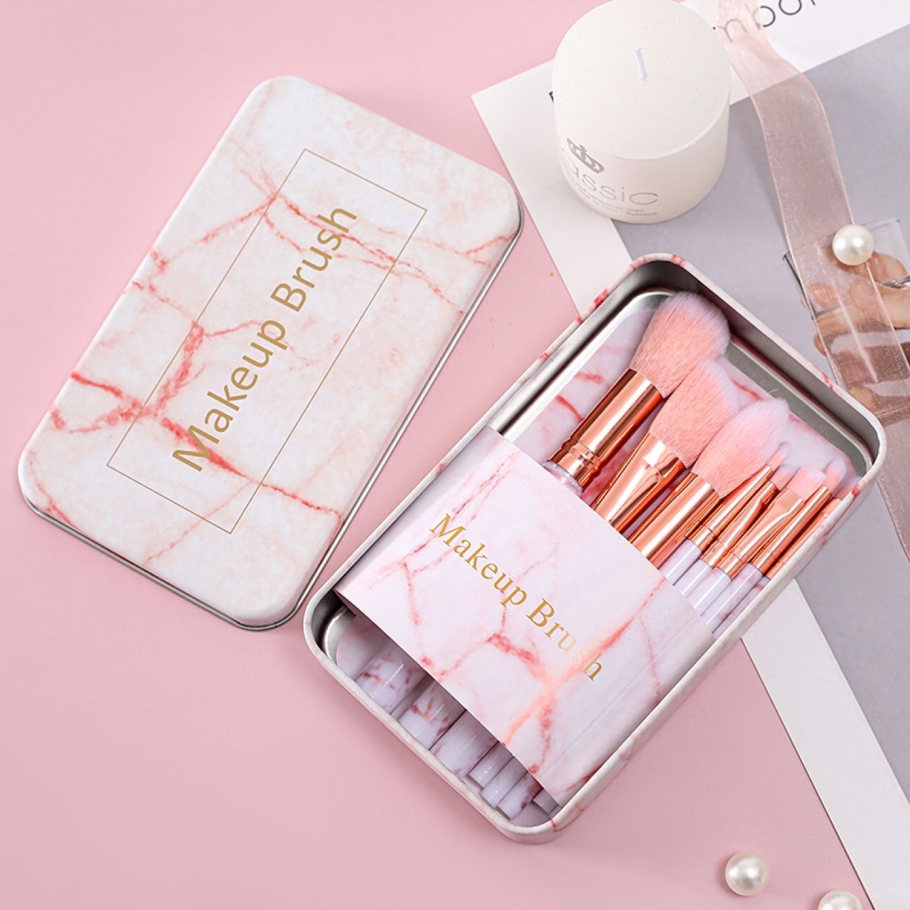 Suke.co 台灣現貨 ins風 大理石風 8支 鐵盒 眼線刷 化妝刷 眼影刷 腮紅刷 | 蝦皮購物