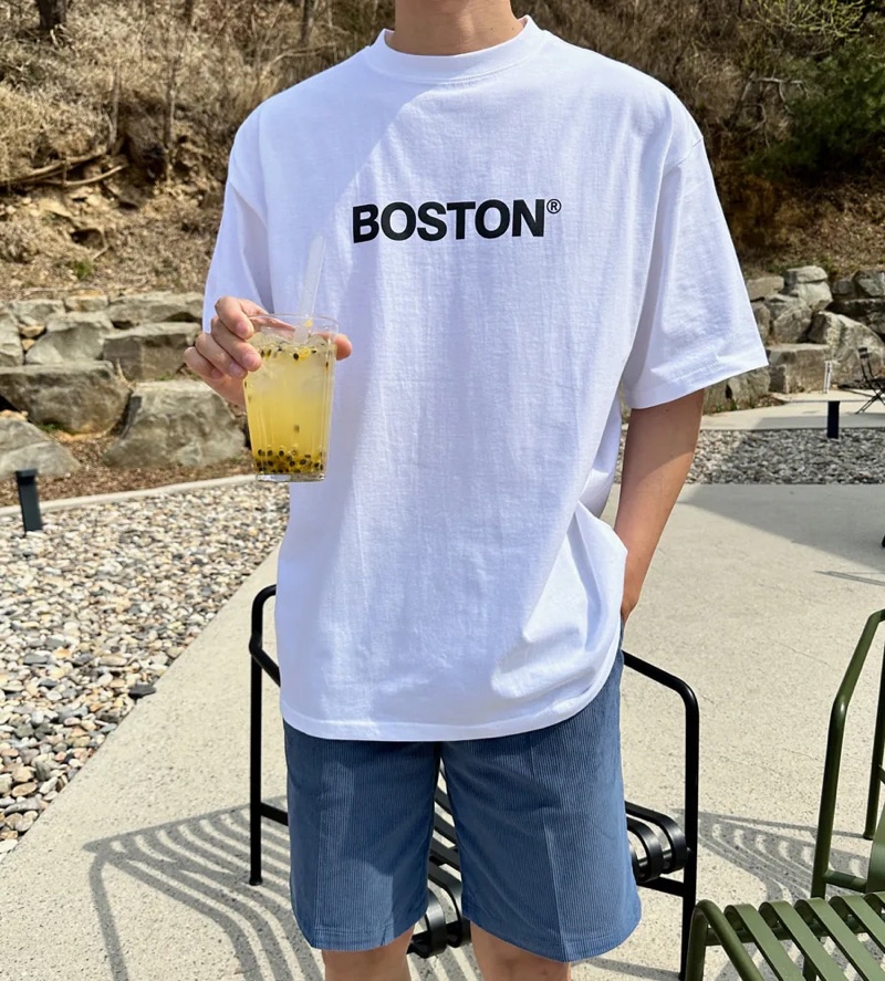 [HYC] 韓國 BOSTON 立體發泡 波士頓 LOGO 英文 簡約 落肩 寬鬆 短T 短袖 上衣 發泡T 城市T | 蝦皮購物