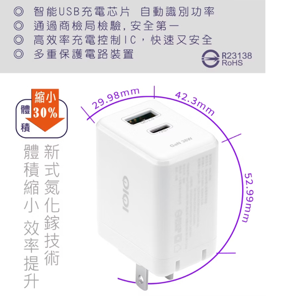 IOIO 38W 氮化鎵 電源 供應器 ADU2038 可折腳 USB TYPE-C 現貨 | 蝦皮購物
