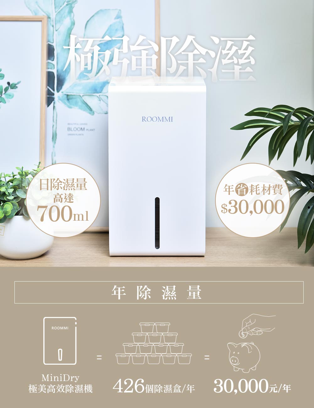 ROOMMI｜MiniDry 極美高效除濕機 700ml/日除濕量 水箱1.5L 極輕1.7kg 鞋盒小體積 | 蝦皮購物