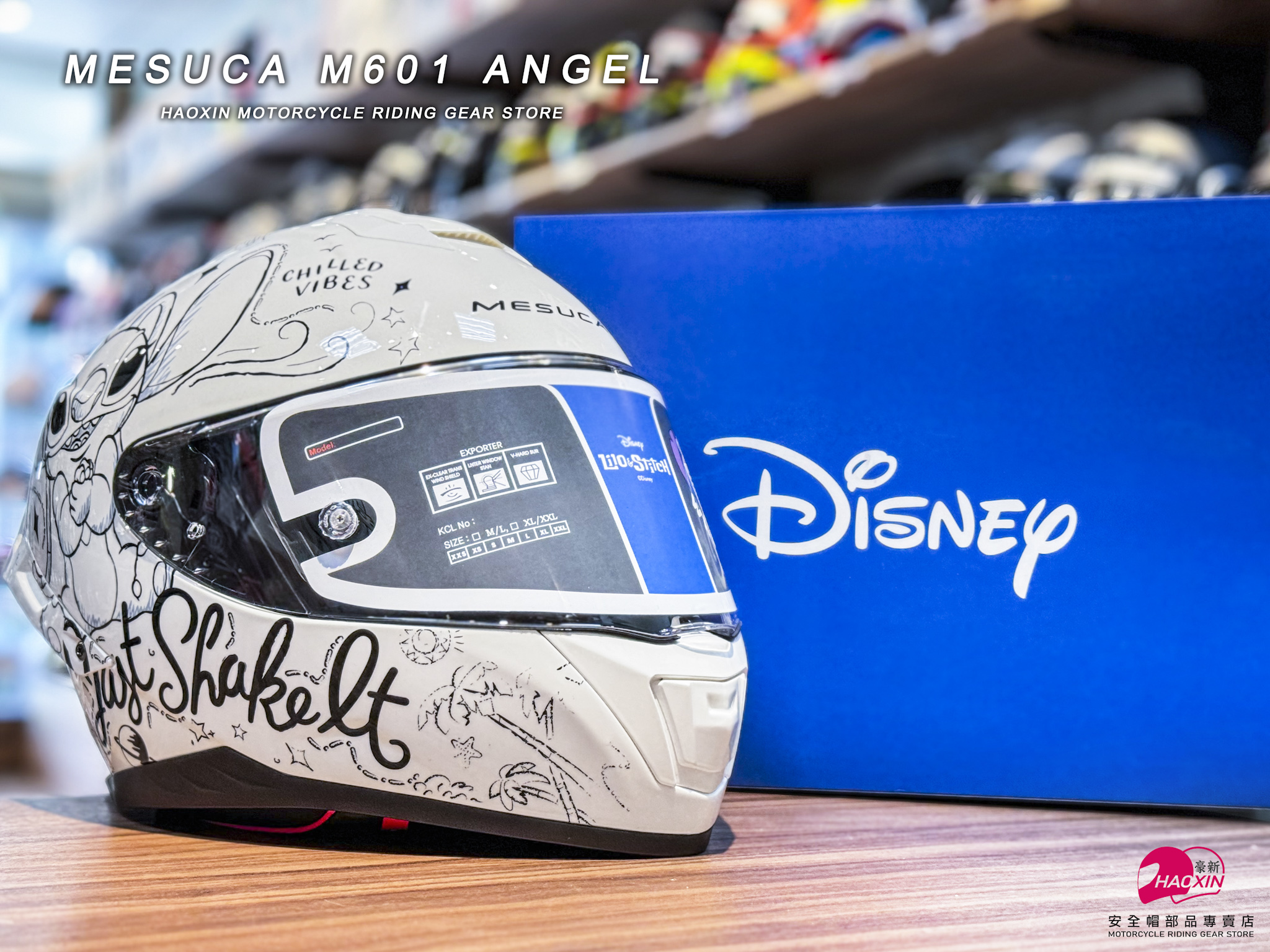 【豪新安全帽部品】史迪奇 Angel 安琪 聯名彩繪 MESUCA M601 內置墨鏡 全罩帽 大鴨尾 安全帽 免運費 | 蝦皮購物