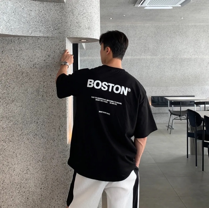 [HYC] 韓國 BOSTON 立體發泡 波士頓 LOGO 英文 簡約 落肩 寬鬆 短T 短袖 上衣 發泡T 城市T | 蝦皮購物