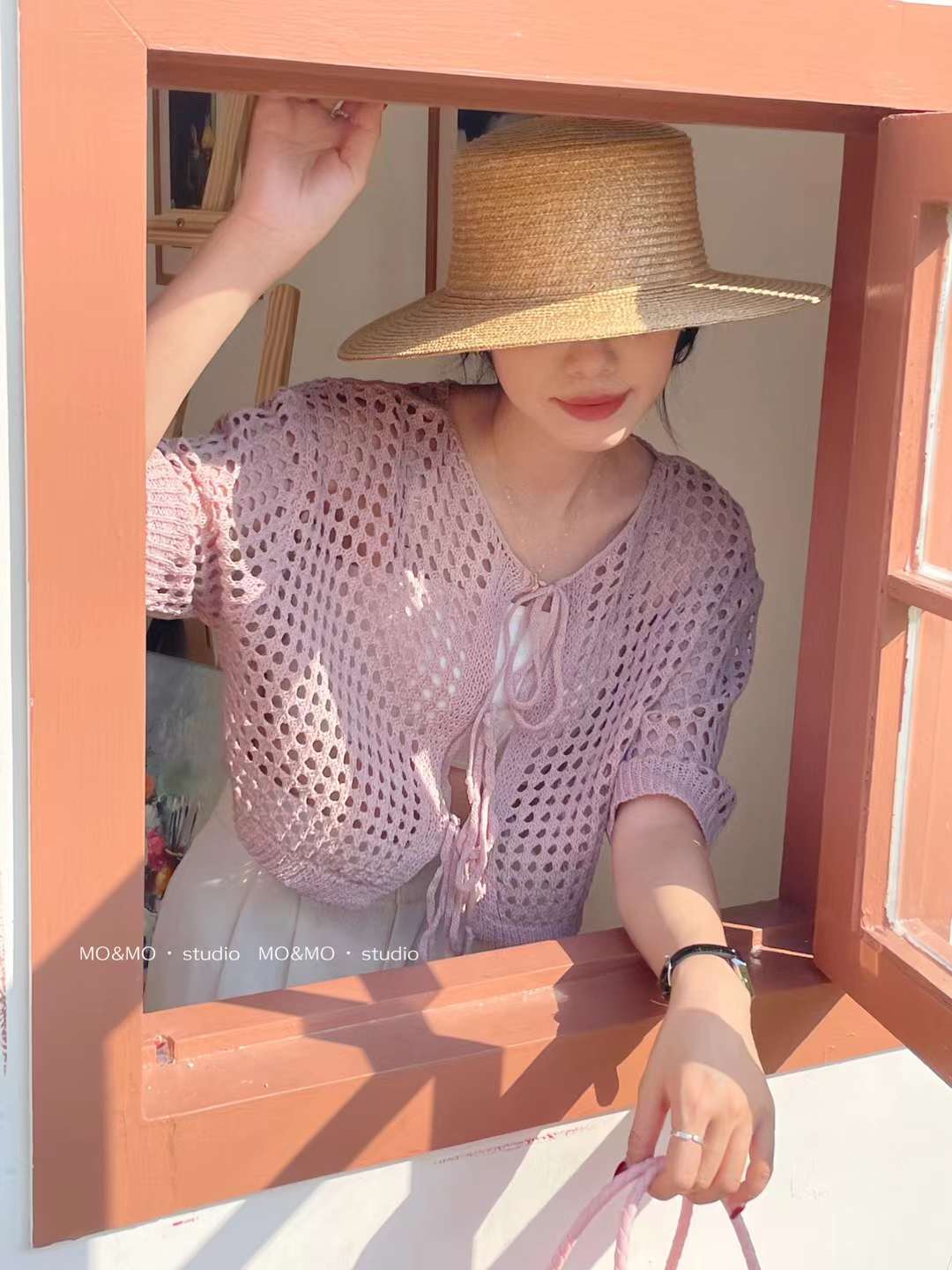 【SiBA Girl】 Momo-7073 洞洞雙綁帶針織小外套 洞洞外罩衫 綁帶外罩 針織外套 華夫格 8B | 蝦皮購物