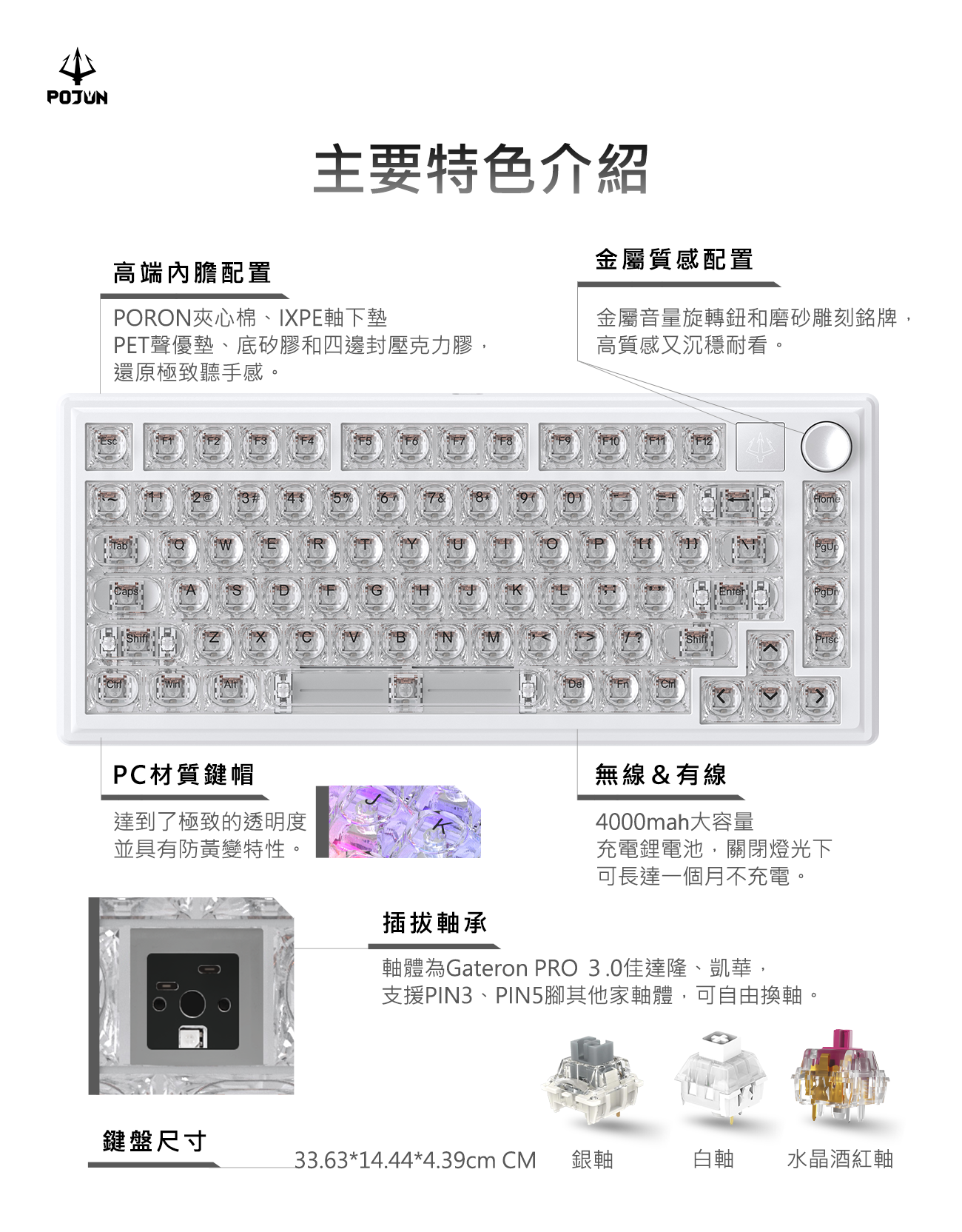 【POJUN PQ01】無線鍵盤 機械鍵盤 電競鍵盤 機械式鍵盤 鍵盤 75%鍵盤 藍芽鍵盤 注音鍵盤 冰塊鍵盤 青軸 | 蝦皮購物
