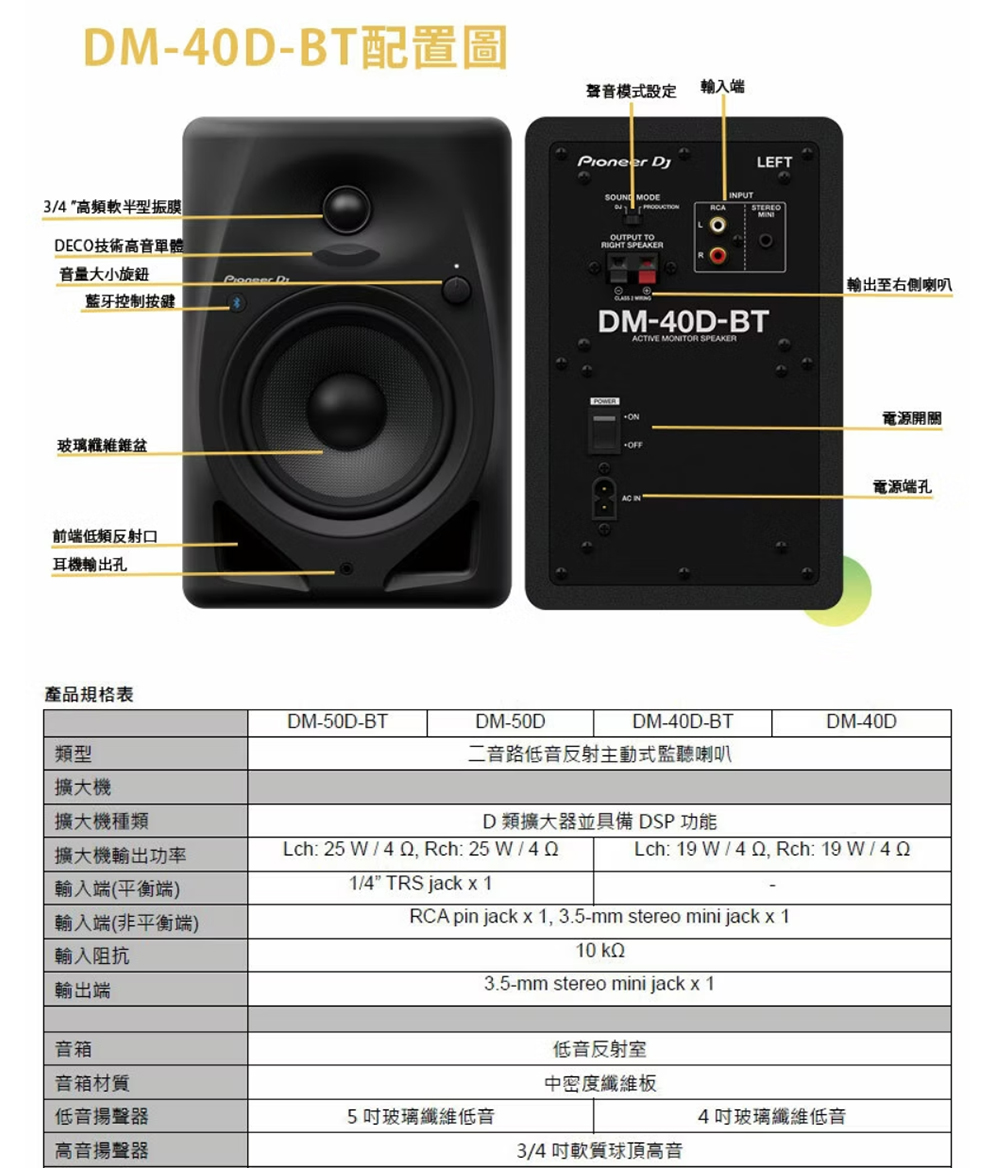 Pioneer DJ 先鋒 DM-40D-BT 入門款主動式監聽喇叭(4吋藍牙款) 公司貨 | 蝦皮購物