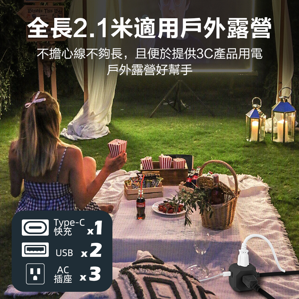 【北美品牌】Glolux 黑色延長線2.1M(7尺)流星錘 3面插座3孔3P插頭+2USB + 1Type-C(15W) | 蝦皮購物