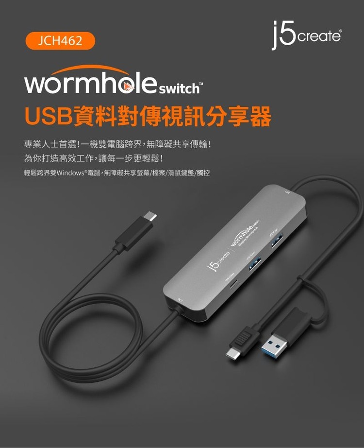 【j5create 凱捷】Wormhole Switch USB資料對傳視訊分享器-JCH462 共享螢幕、檔案、鍵盤 | 蝦皮購物