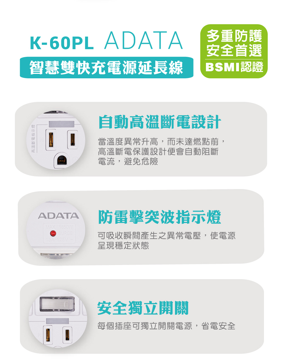【威剛 ADATA】多切4孔3P+USB 智慧快充延長線組 K-60PL | 蝦皮購物