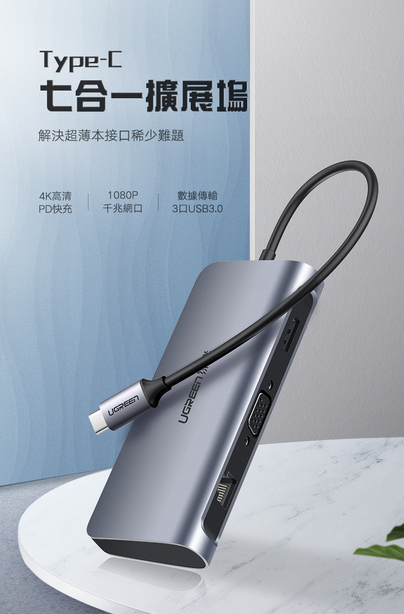 【綠聯】七合一 Type-C多功能轉接器-4KHDMI/VGA/USB3.0/PD充電/GigaLAN網路卡 | 蝦皮購物