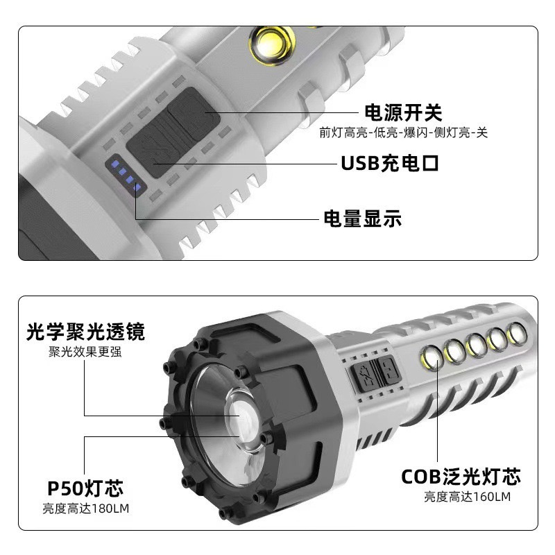 CH-23068 P50+COB三段充電電筒 強光遠射 雙光源數顯手電筒 USB充電 登山燈 露營燈 台灣出貨 | 蝦皮購物