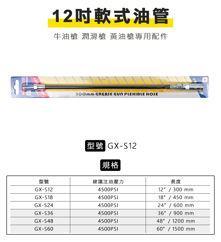 WIGA 威力鋼 GX-S12 12吋軟式油管[標準注油頭+軟管,牛油槍配件, 潤滑槍, 黃油槍] | 蝦皮購物