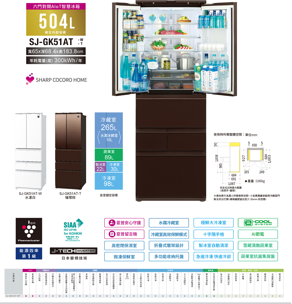 SHARP 夏普 504公升【聊聊再折】SJ-GK51AT-T AIoT智慧六門對開除菌冰箱 璀璨棕 | 蝦皮購物