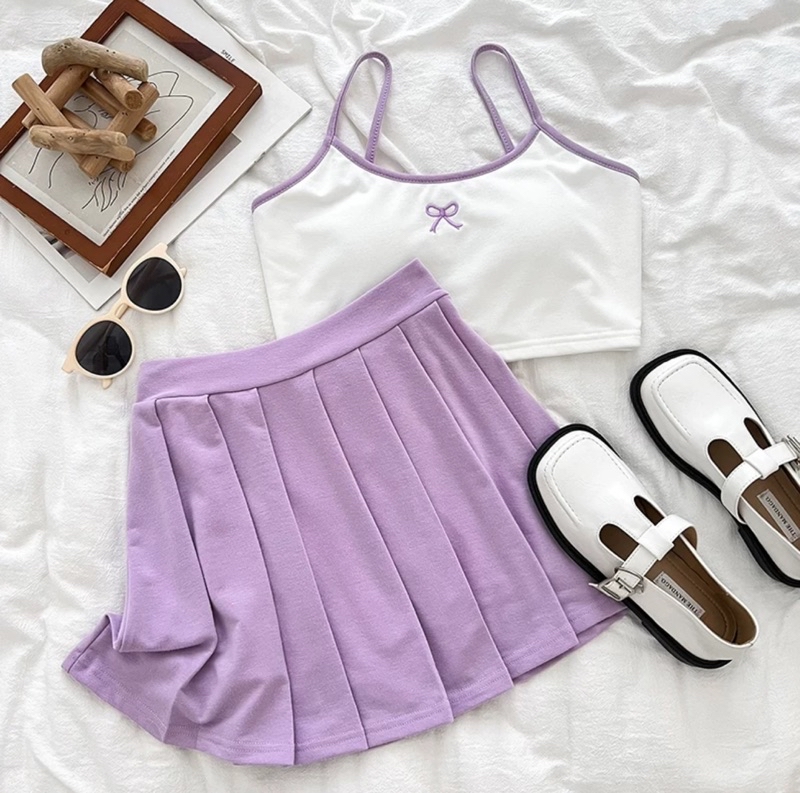 【Y.LLL】｜現貨出清｜滾邊撞色蝴蝶結罩杯背心小可愛+百褶短褲裙set 兩件式套裝 | 蝦皮購物