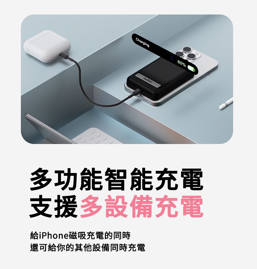 Belkin 磁吸式無線充電行動電源5000mAh(附USB-C轉USB-C)Qi1(黑/白/粉/紫) BPD004bt | 蝦皮購物