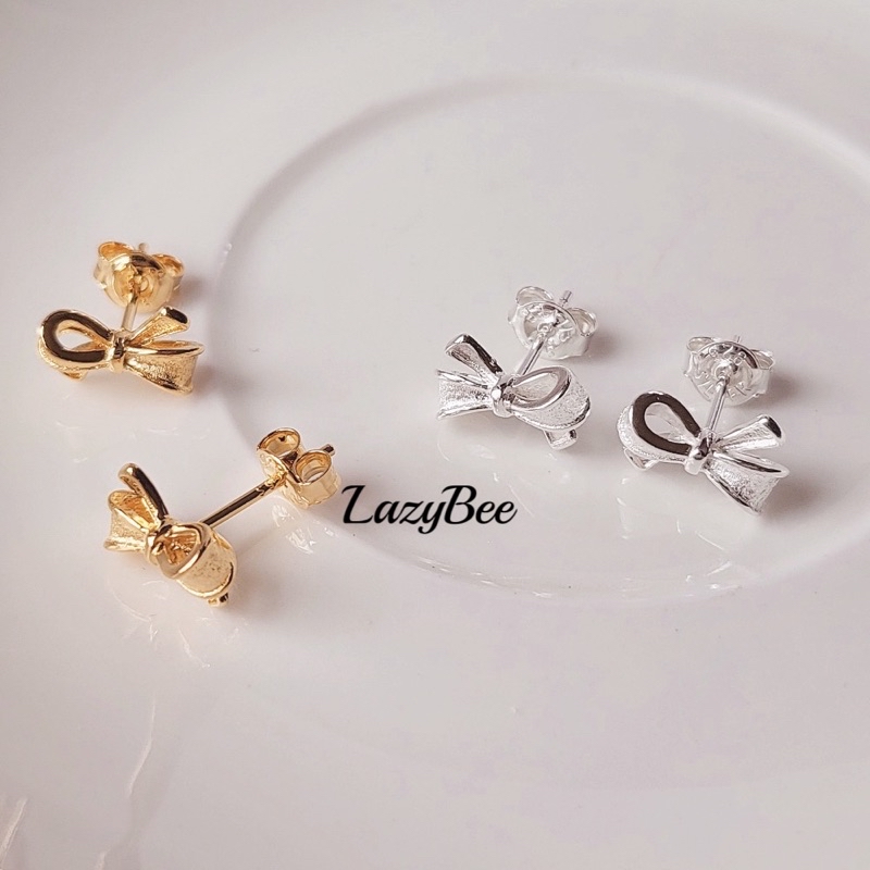 LazyBee 《韓國小眾飾品》蝴蝶結立體質感925純銀 ｜鍍18k金 ｜金色現貨 | 蝦皮購物