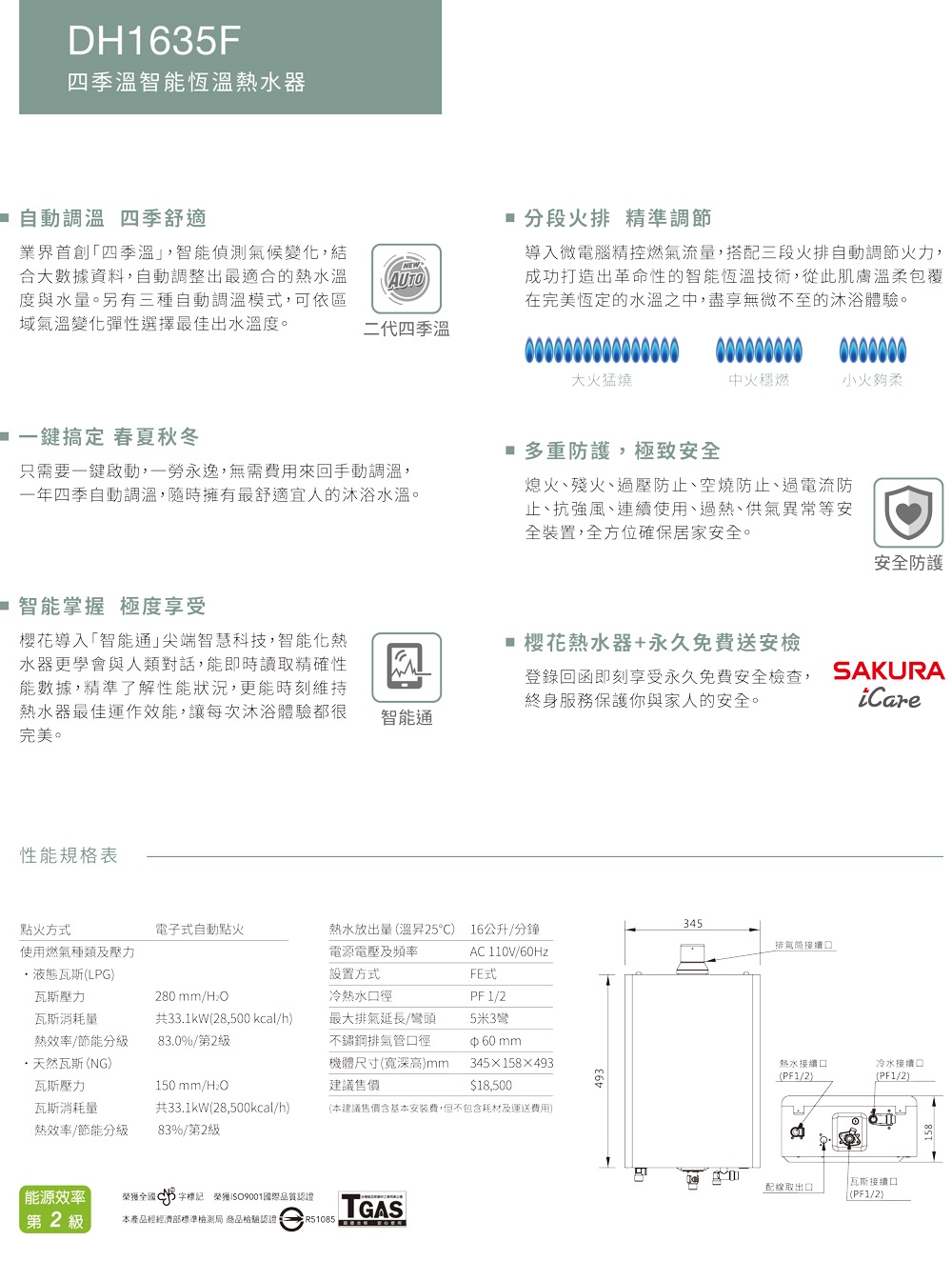 SAKURA 櫻花 16L第二代四季溫智能恆溫強制排氣熱水器DH1635F(NG1/LPG FE式 原廠保固安裝服務) | 蝦皮購物