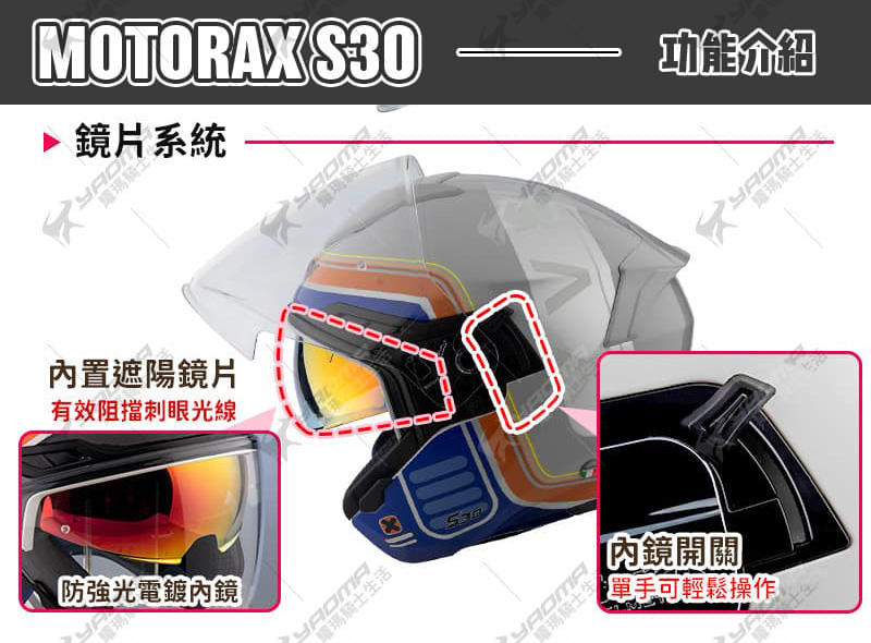 Motorax安全帽 摩雷士 S30 ACE MC3 亮面 電鍍內鏡 藍牙耳機槽 排齒扣 3/4罩 耀瑪騎士 | 蝦皮購物