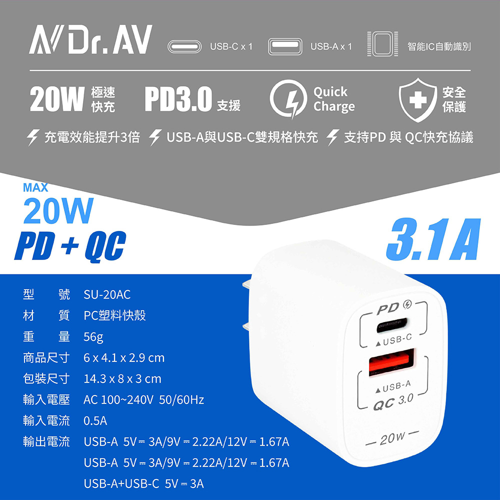 Dr.AV聖岡科技 多孔智能充電器 充電頭 PD QC USB 快充 可同時充電 通用國際電壓 適用平板/手機 BSMI | 蝦皮購物