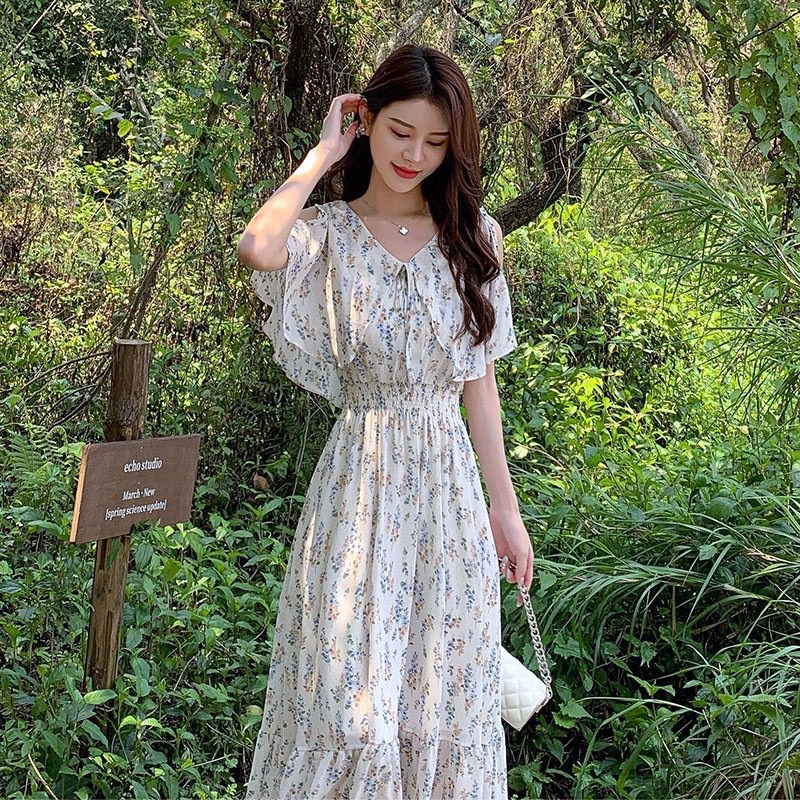 🎀Hanagirl 全館現貨🧡 正韓洋裝 🇰🇷清新碎花 露肩雪紡洋裝 旅行美拍 長洋裝 禮服 I131 | 蝦皮購物