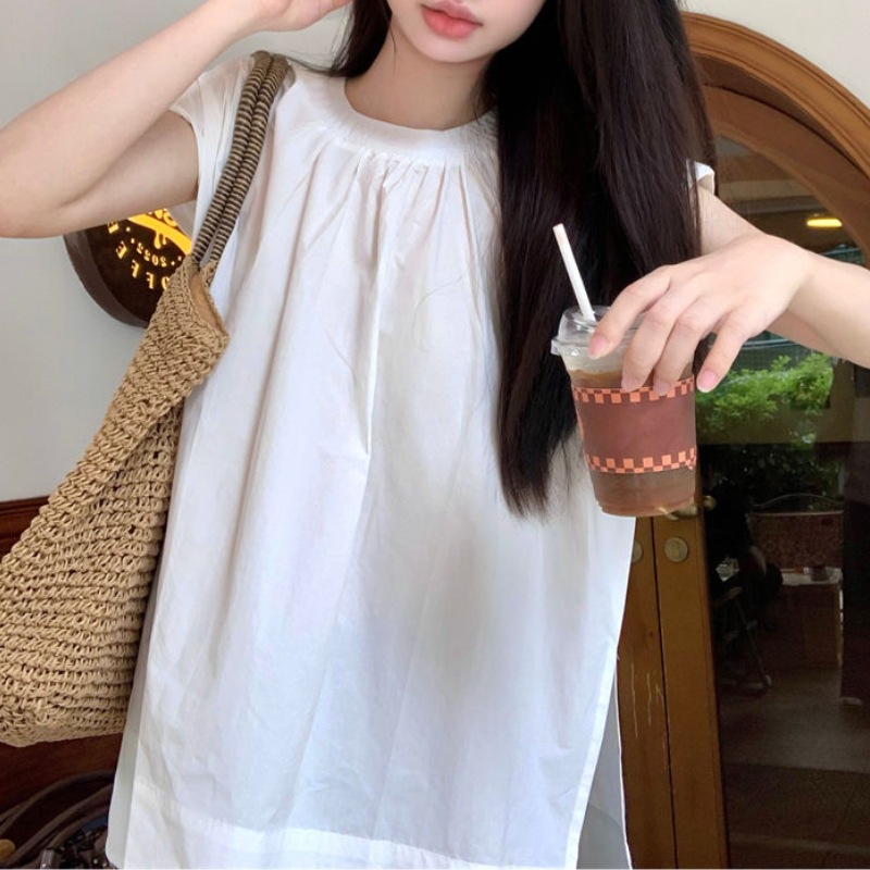 【K-Chic】甜美風粉色短袖襯衫女 韓版 夏季 開叉 設計感 寬松 休閑中長款上衣 甜妹上衣 甜妹襯衫 休閒上衣 | 蝦皮購物