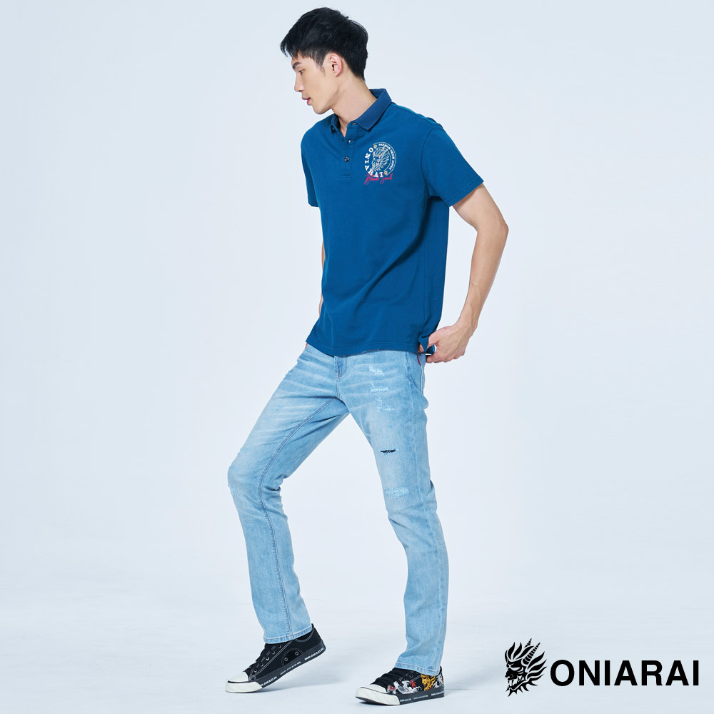 BLUE WAY 鬼洗 ONIARAI - 男款 潮流側鬼文字繡花短袖POLO衫(藍) | 蝦皮購物