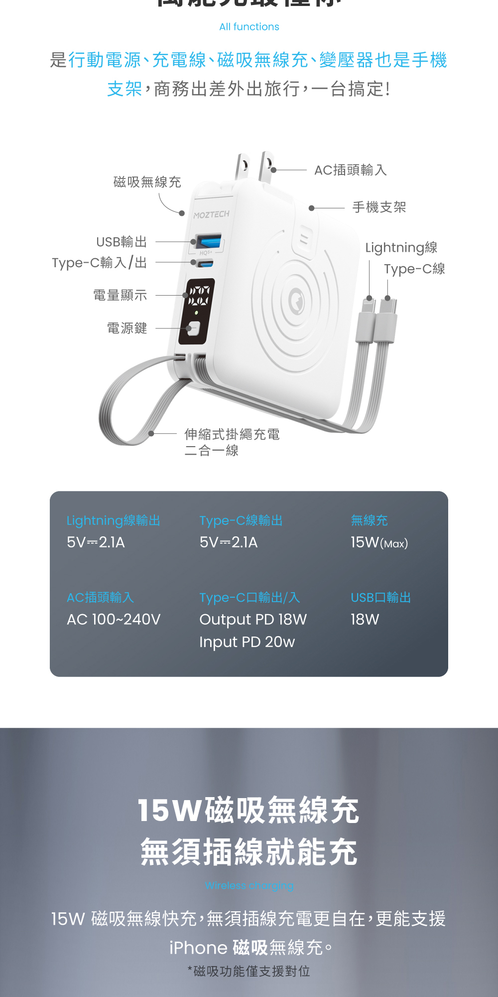 【MOZTECH】萬能充PRO 限時加購送轉接頭 多功能五合一 行動電源 黑色/37WH/具WH標示 官方旗艦館 | 蝦皮購物