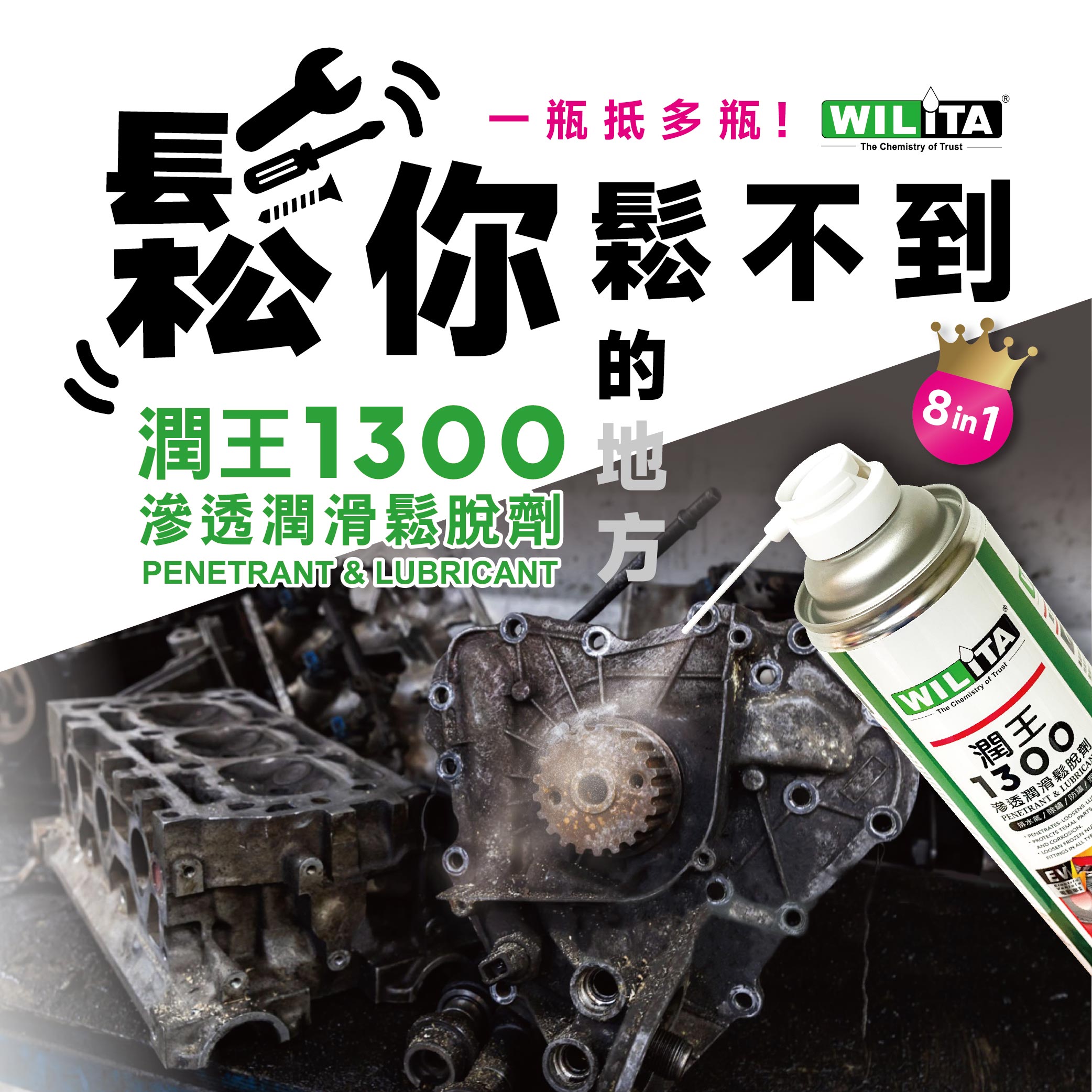 【WILITA 威力特】8合1全能潤王1300滲透潤滑鬆脫劑300ml 滲透潤滑/除鏽防鏽/排水除濕/清潔油污 | 蝦皮購物