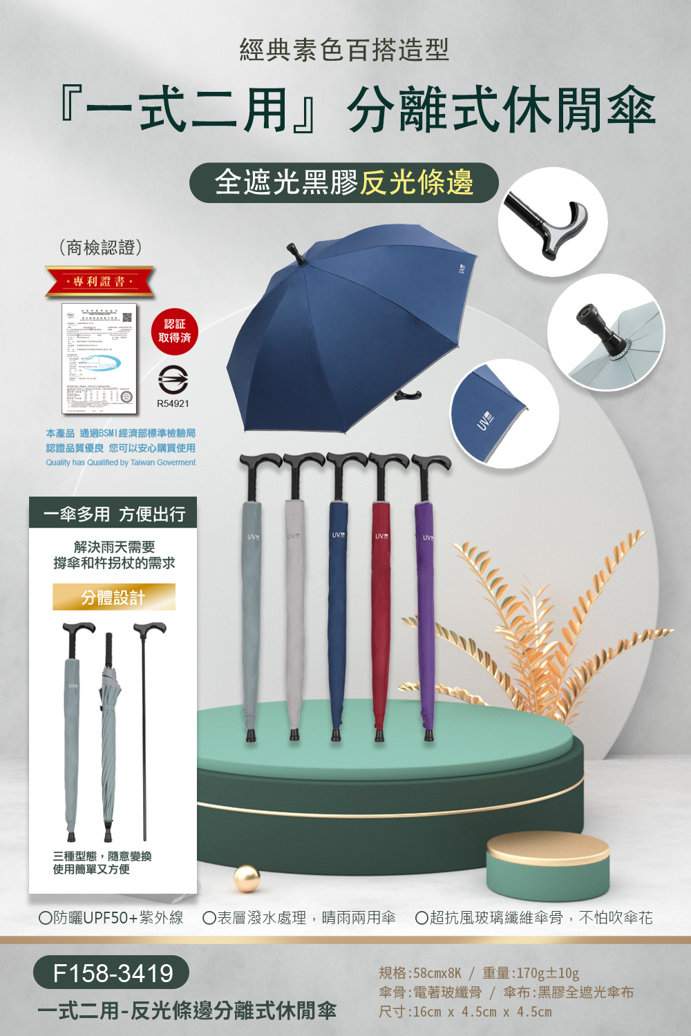 【大振豐洋傘】Feeling Cool 一式二用 全遮光黑膠 反光條邊 分離式休閒傘（商檢認證）拐杖傘 防身 | 蝦皮購物
