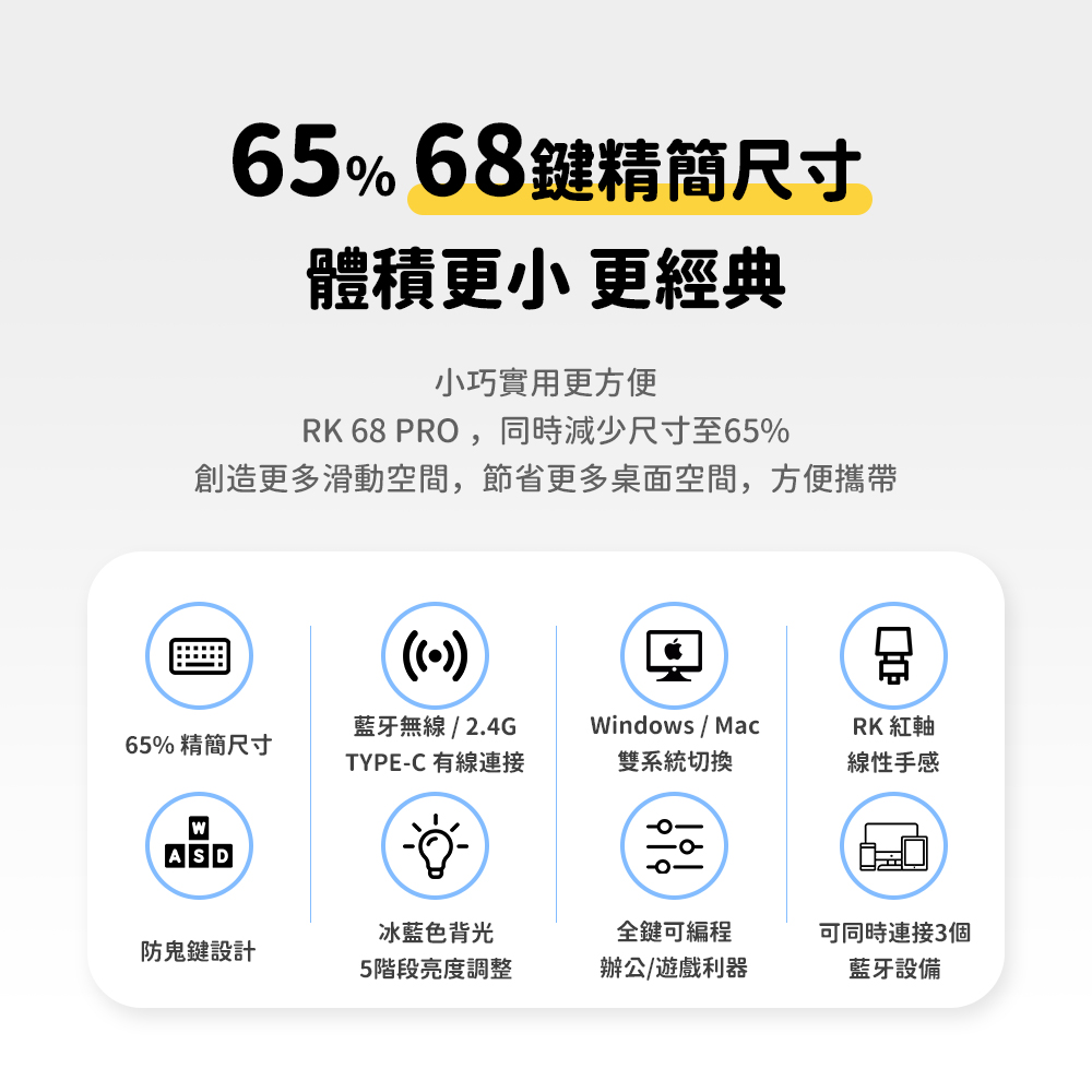 【RK】RK68 PRO 65% 藍牙三模無線機械鍵盤 紅軸 冰藍光 灰橙｜台灣官方公司貨 | 蝦皮購物
