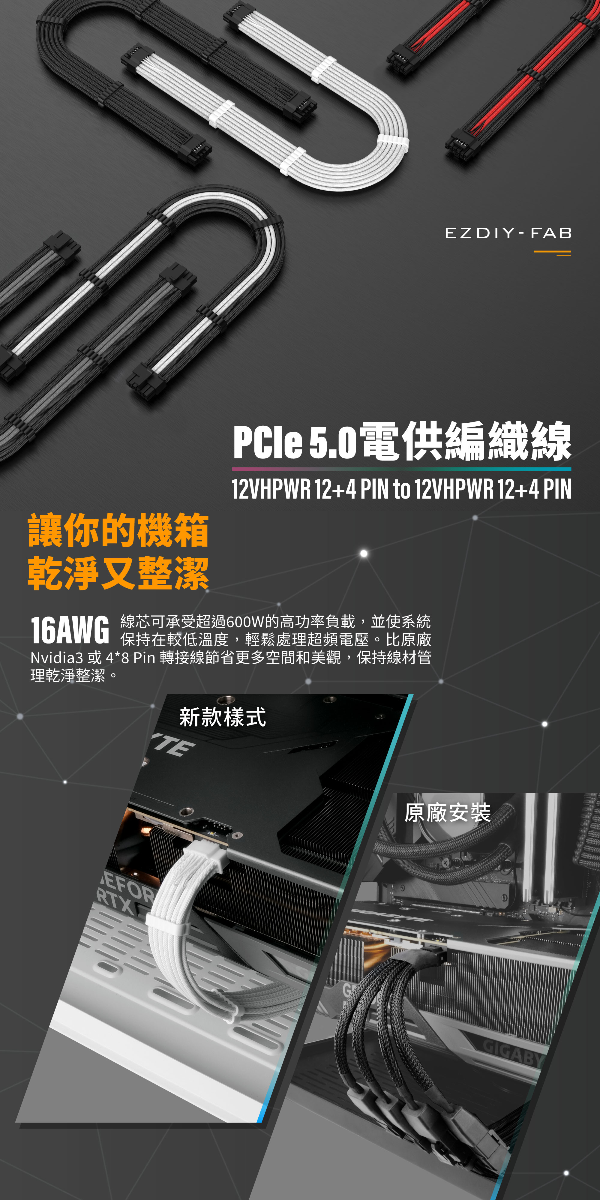 EZDIY-FAB 16AWG PCI-e5.0 12VHPWR/ 12V2X6 PSU編織線公對公頭 全白色-60cm | 蝦皮購物