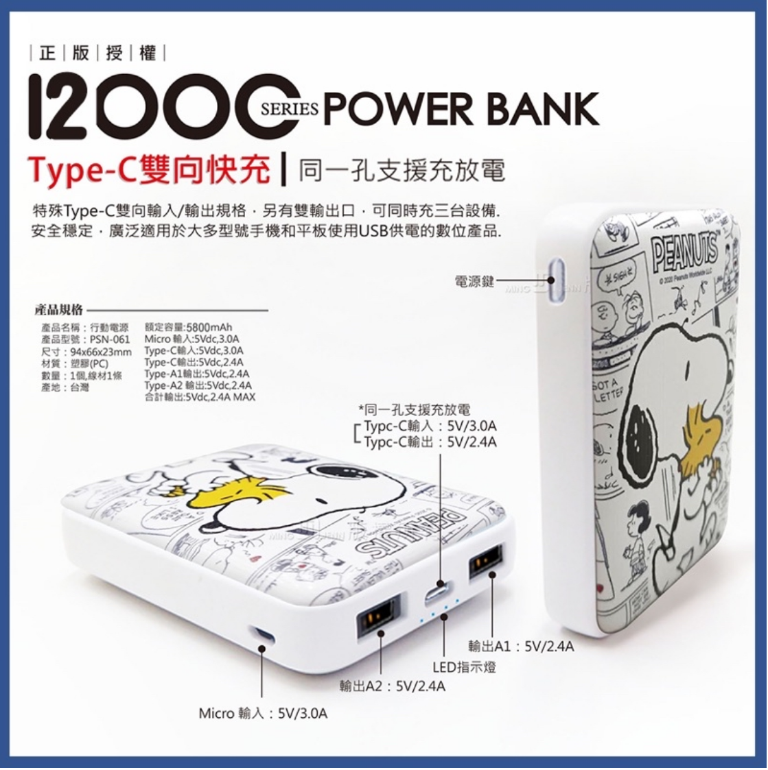 [全新現貨]PEANUTS SNOOPY Type-C 雙向快充行動電源 12000mAh | 蝦皮購物