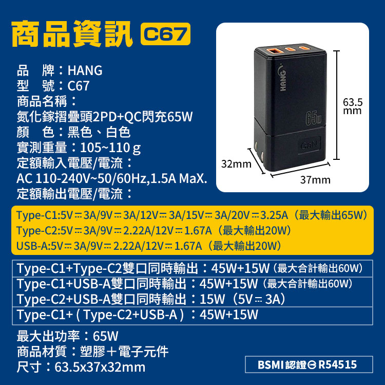 HANG C68 C67氮化鎵摺疊充電頭 40W-65W雙PD多兼容閃充 支援手機/平板/遊戲機快充 BSMI認證 | 蝦皮購物